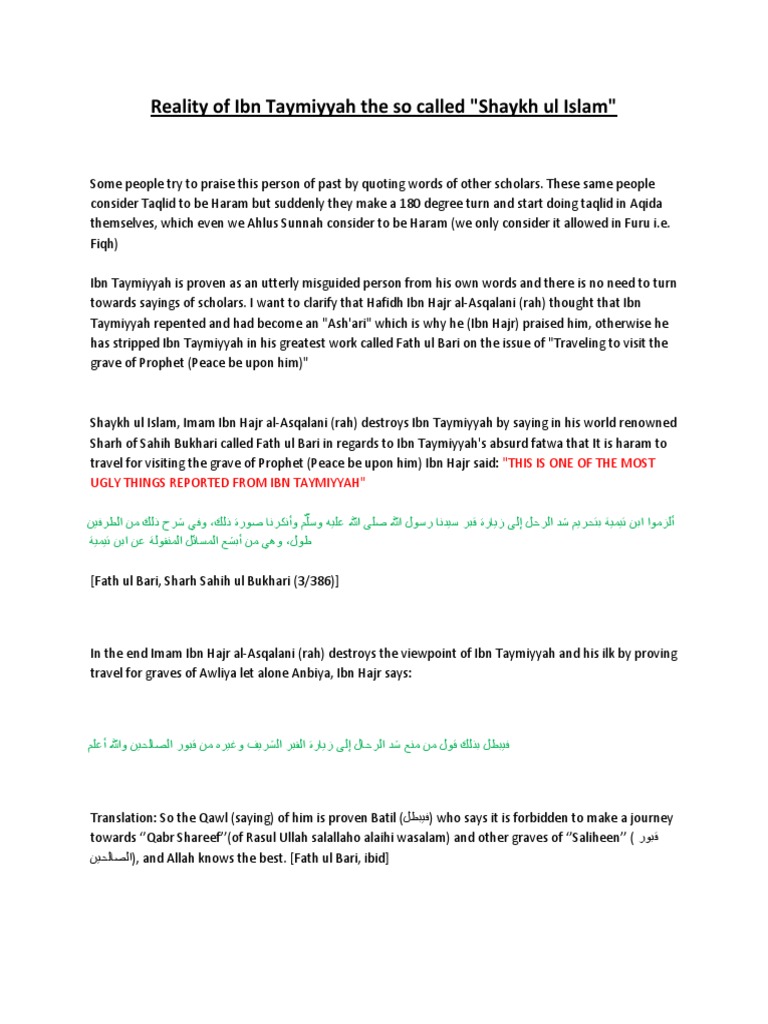 Reality of Ibn Taymiyyah The So Called Shaykh Ul Islam | PDF | God In ...