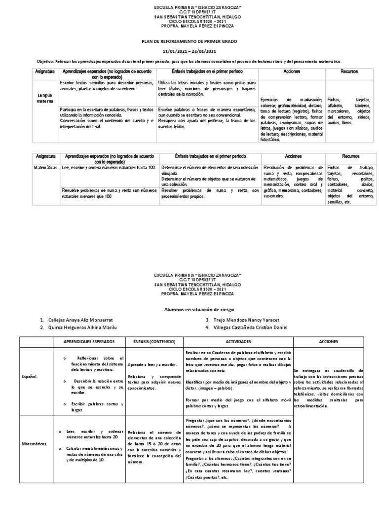Plan De Reforzamiento Pdf Educación Primaria Escritura