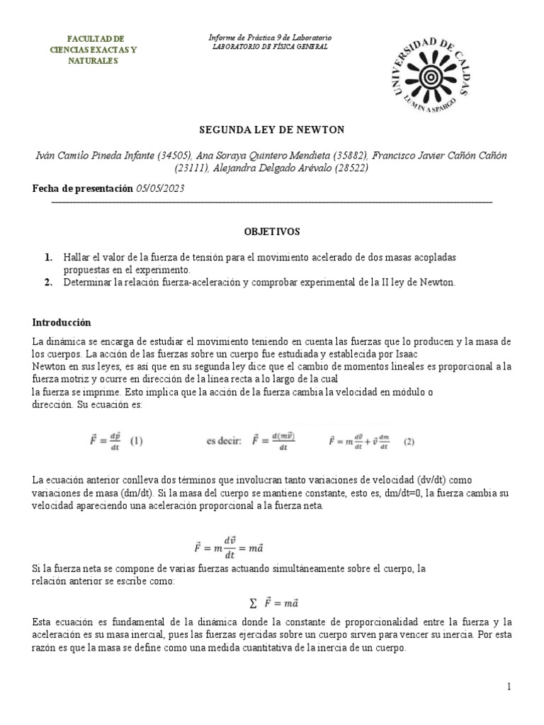 Informe 9 Lab. Fisica | PDF | Fuerza | Masa