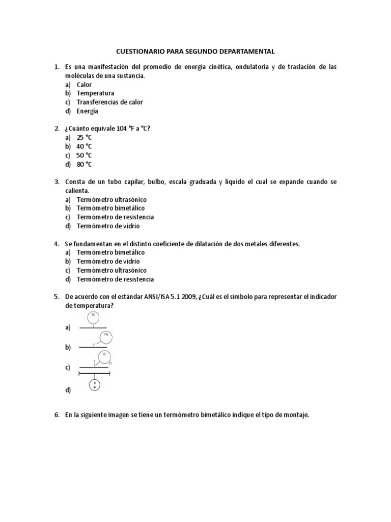Cuestionario sobre Termómetros y Medición de Temperatura | PDF | Par ...