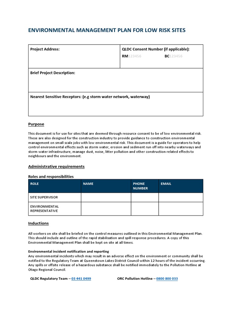 Emp Short Form Template For Environmental Management Plans Small Scale ...