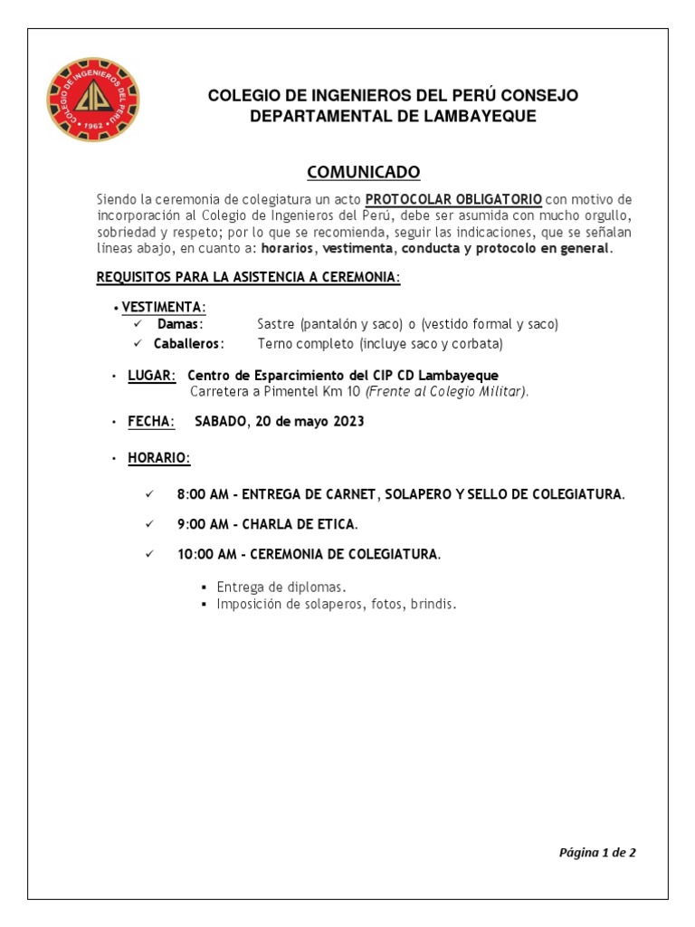 Protocolo de Ceremonia de Colegiatura CIP | PDF