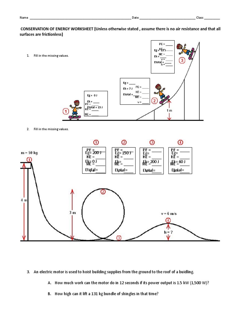 Conservation of Energy Worksheet | PDF | Potential Energy | Kinetic Energy