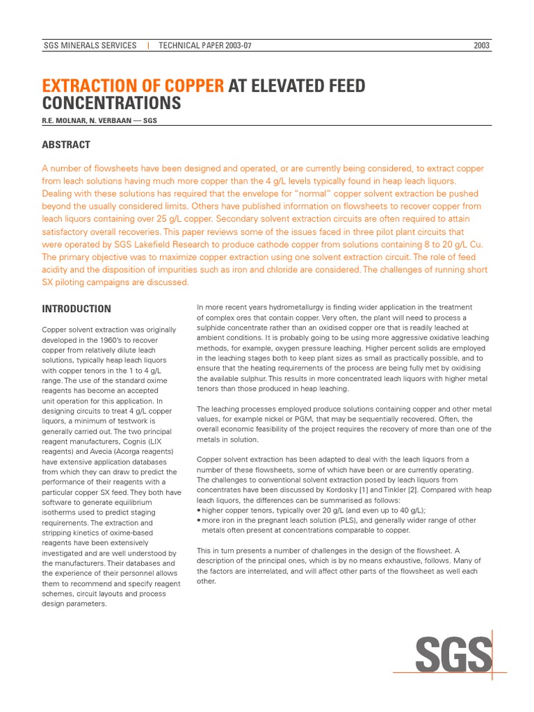 Sgs Min Tp2003 07 Copper Extraction at Elevated Feed Concentrate | PDF | Copper | Iron