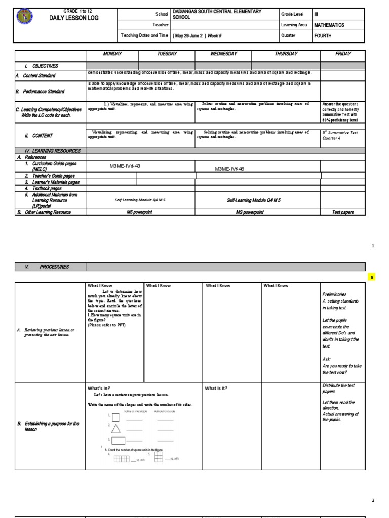 Math-3 DLL Q4 W5 | PDF | Area | Length