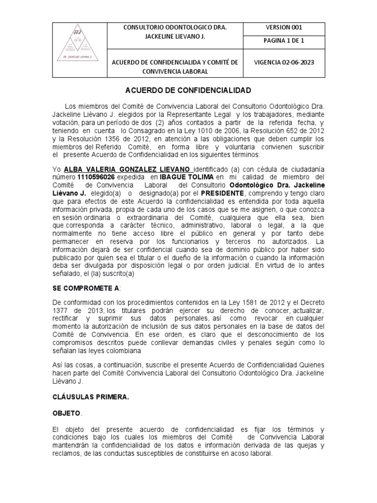 Formato de Acuerdo de Confidencialidad y Comité de Convivencia Laboral | PDF | Gobierno | Justicia