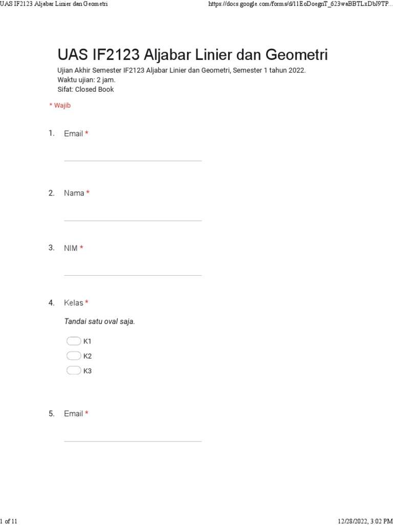 Soal UAS Aljabar Linier Dan Geometri 2022 | PDF