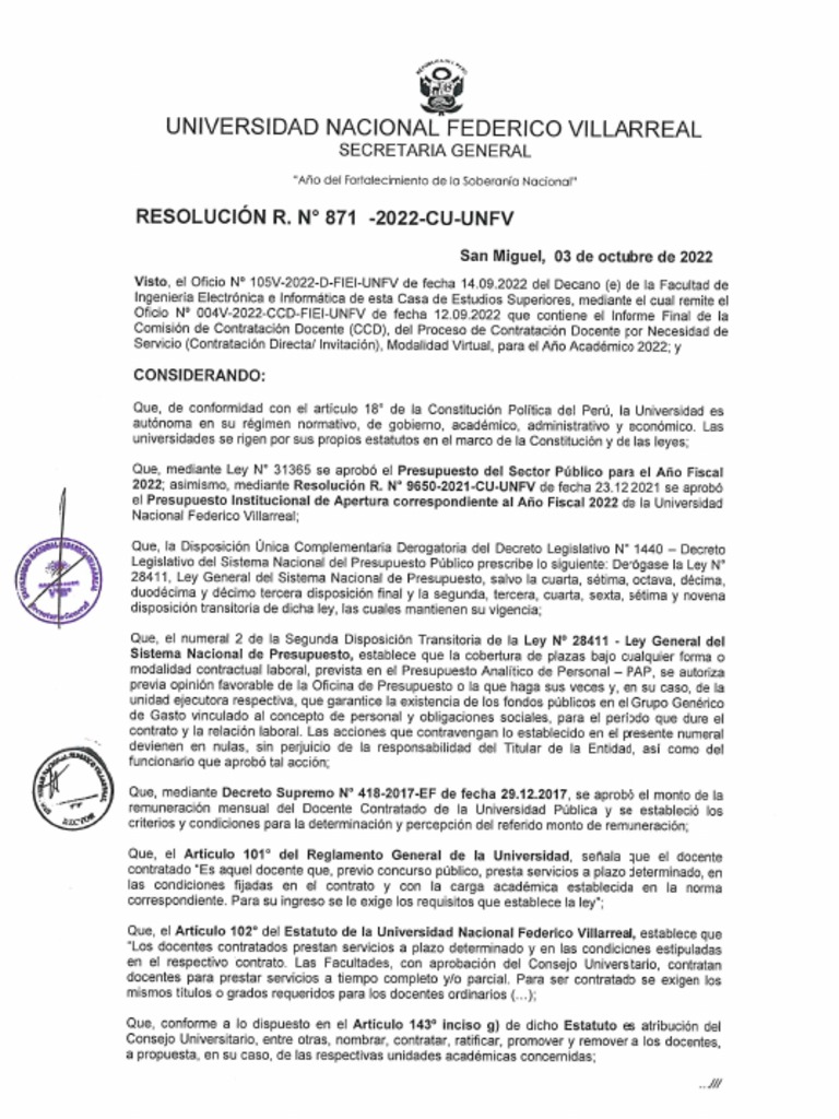 Resolucion R Nro 871 2022 UNFV | PDF Resolucion R Nro 871 2022 UNFV | PDF