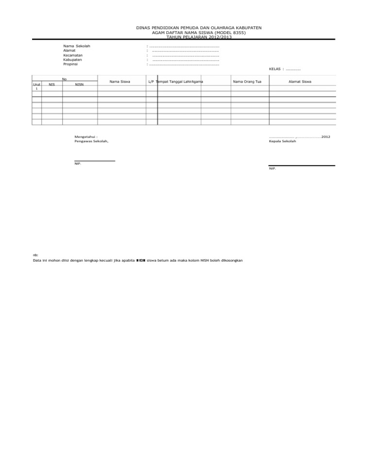 Format Data Siswa Model 8355xls | PDF