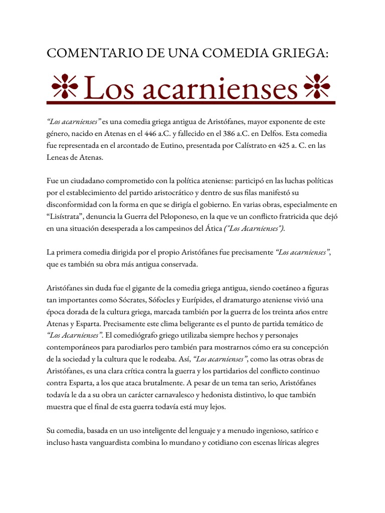 COMENTARIO DE UNA COMEDIA GRIEGA - Los Acarnienses | PDF | Aristófanes ...