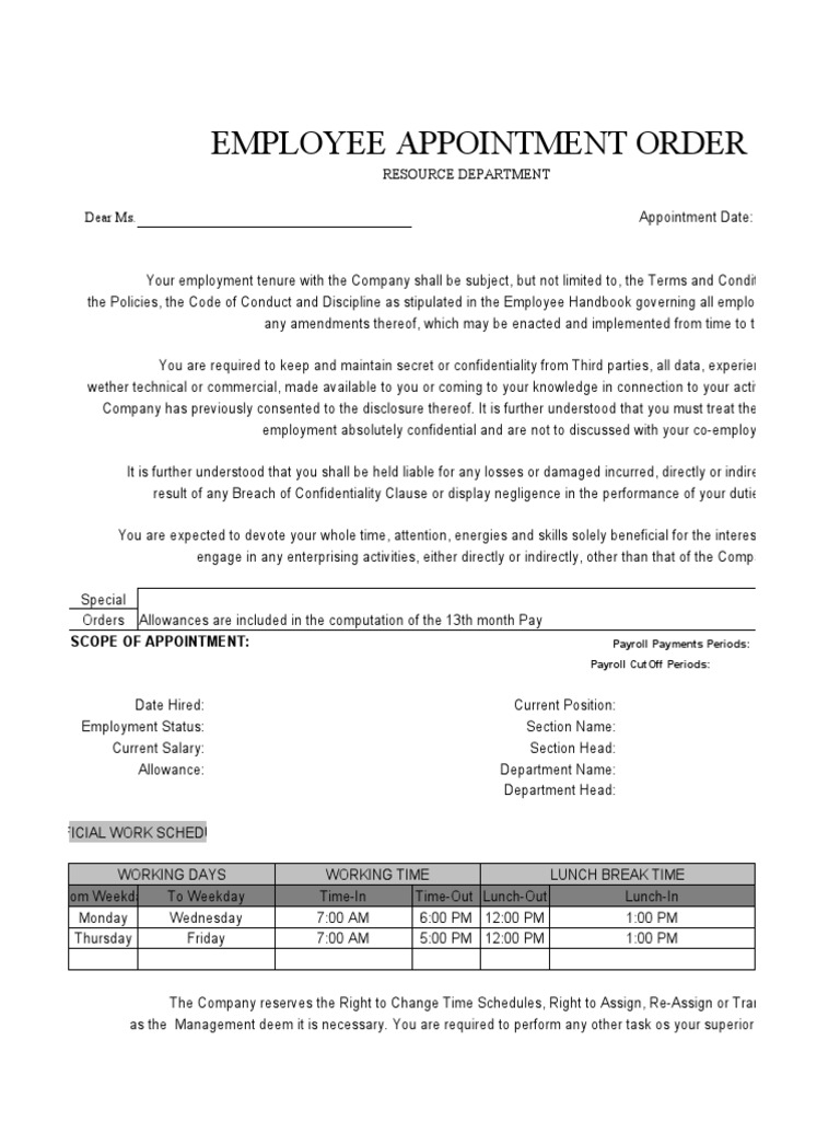 Employee Appointment Order Overview | PDF | Workweek And Weekend ...