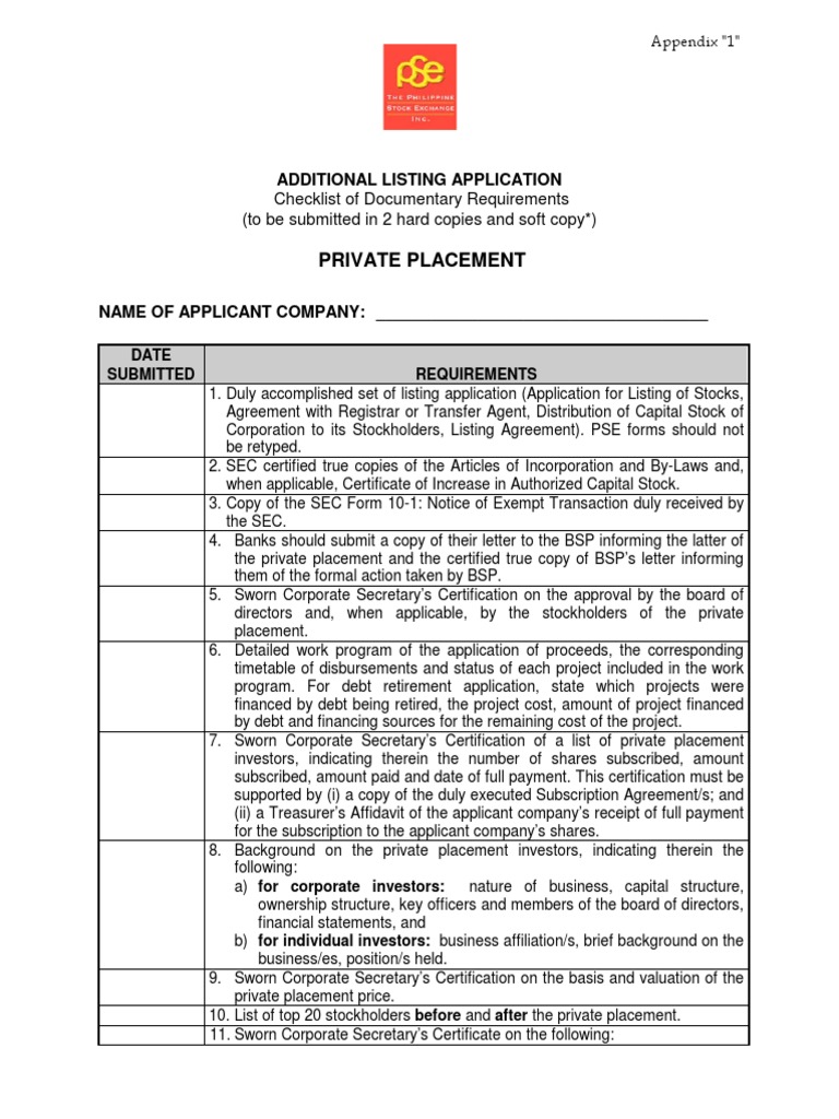 1.8 PSE Listing Application (Checklist) - Private Placement | PDF ...