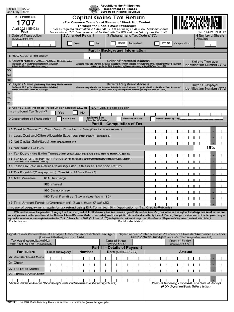 BIR Form 1707 CGT Shares of Stock | PDF | Taxes | Taxpayer