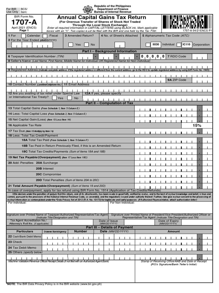 BIR Form 1707-A Annual CGT Shares of Stock | PDF | Taxes | Capital ...