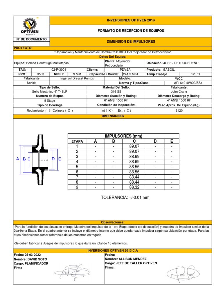 Medidas para Impulsores Bomba 02-P-3001 | PDF | Ingeniería de ...