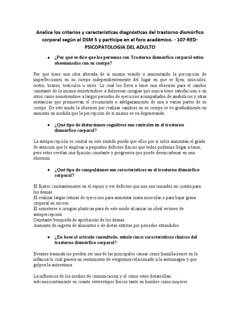 Analice Los Criterios Y Características Diagnósticas Del Trastorno