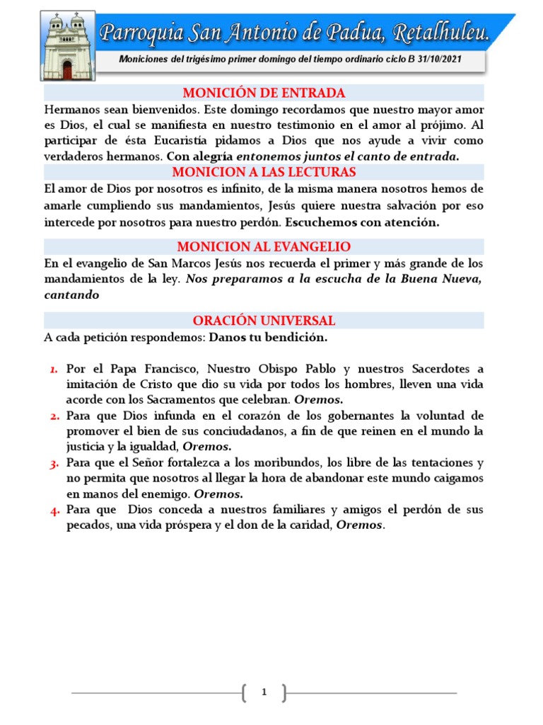 Moniciones para El Trigesimo Primer Domingo Del Tiempo Ordinario Ciclo ...