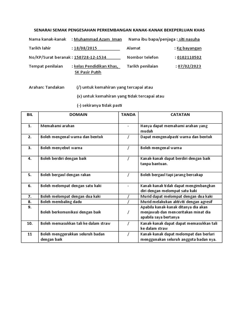 Senarai Semak Pengesahan Perkembangan Kanak Alzulika Alzie Binti | PDF