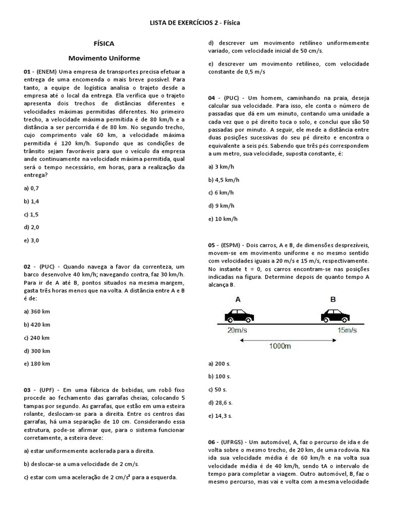 Física Semana 3 Lista de Exercicios MRU | PDF | Velocidade | Tempo