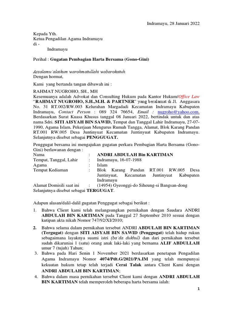 Contoh Gugatan Harta Gono Gini | PDF | Hukum | Griya & Taman