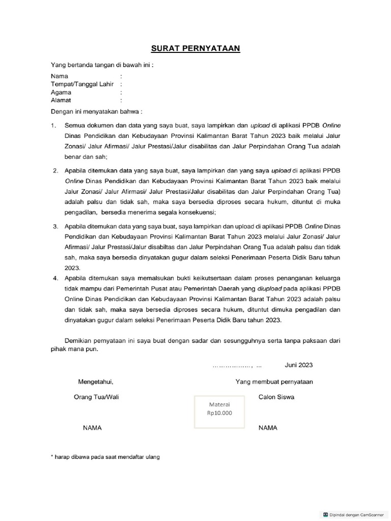 Surat Pernyataan PPDB 2023 | PDF