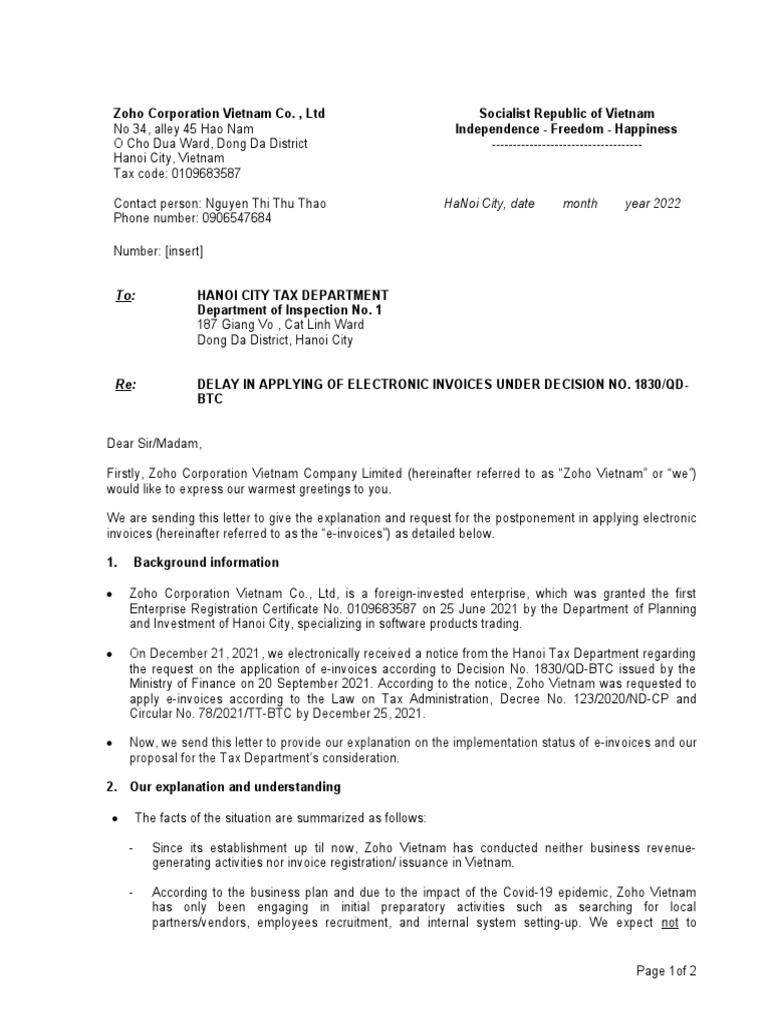 Zoho - Explanation Letter To Hanoi TD On Einvoice - en - Draft - 24.2 ...