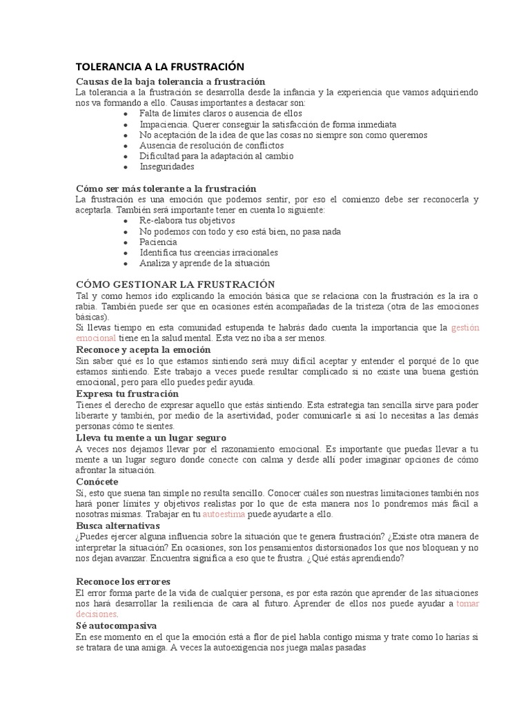 Tolerancia A La Frustración | Descargar gratis PDF | Las emociones | Tolerancia