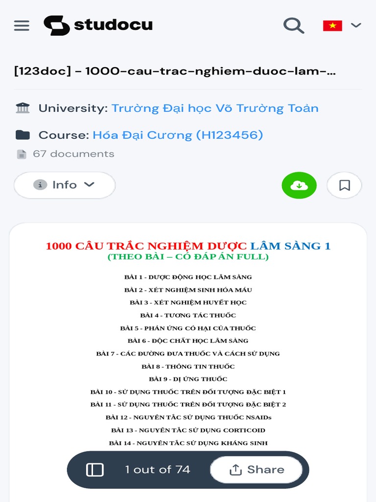 [123doc] 1000 Cau Trac Nghiem Duoc Lam Sang 1 t… | PDF