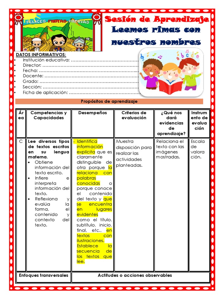 1° Sesión Día 1 Com Leemos Rimas Con Nuestros Nombres Unidad 5 Semana 1 ...