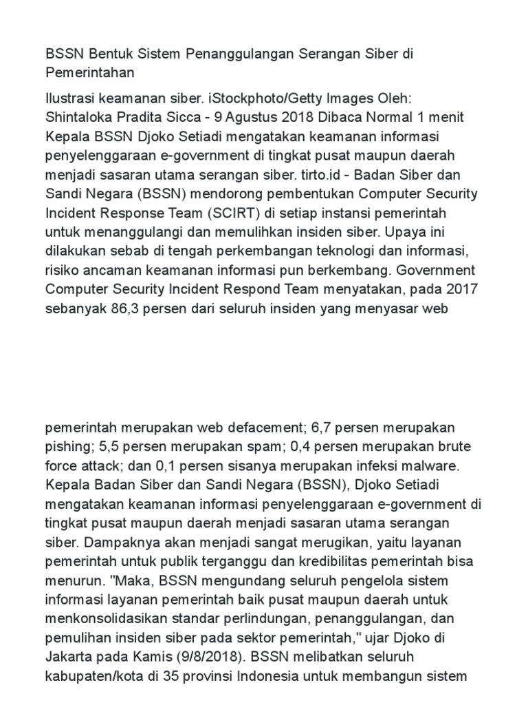 BSSN Bentuk Sistem Penanggulangan Serangan Siber Di Pemerintahan | PDF