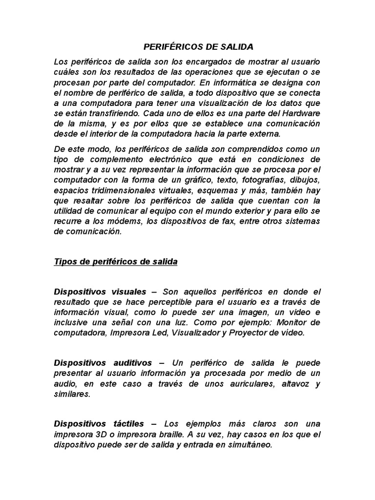 Investigación de Periféricos de Salida | PDF | Periférico | Hardware de la computadora