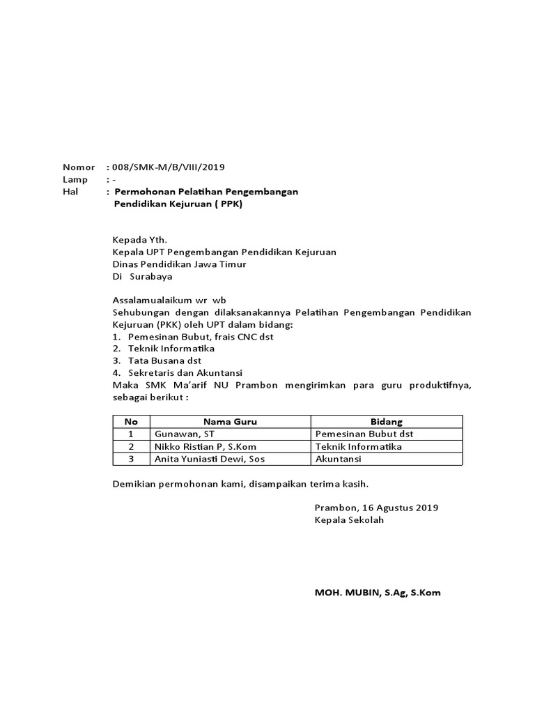 Surat Pengajuan Pelatihan Guru Produktif | PDF