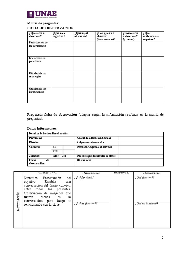 Ficha de Observacion de Clase | PDF | Maestros | Evaluación