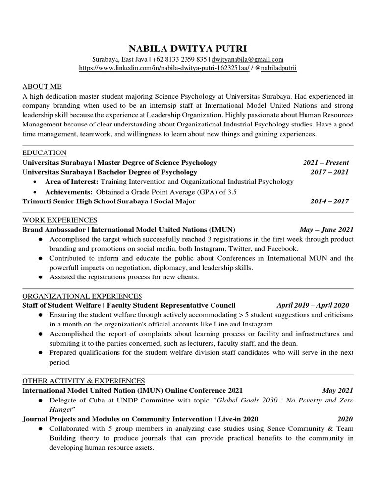 CV - Nabila Dwitya Putri | PDF | Psychology | Industrial And ...