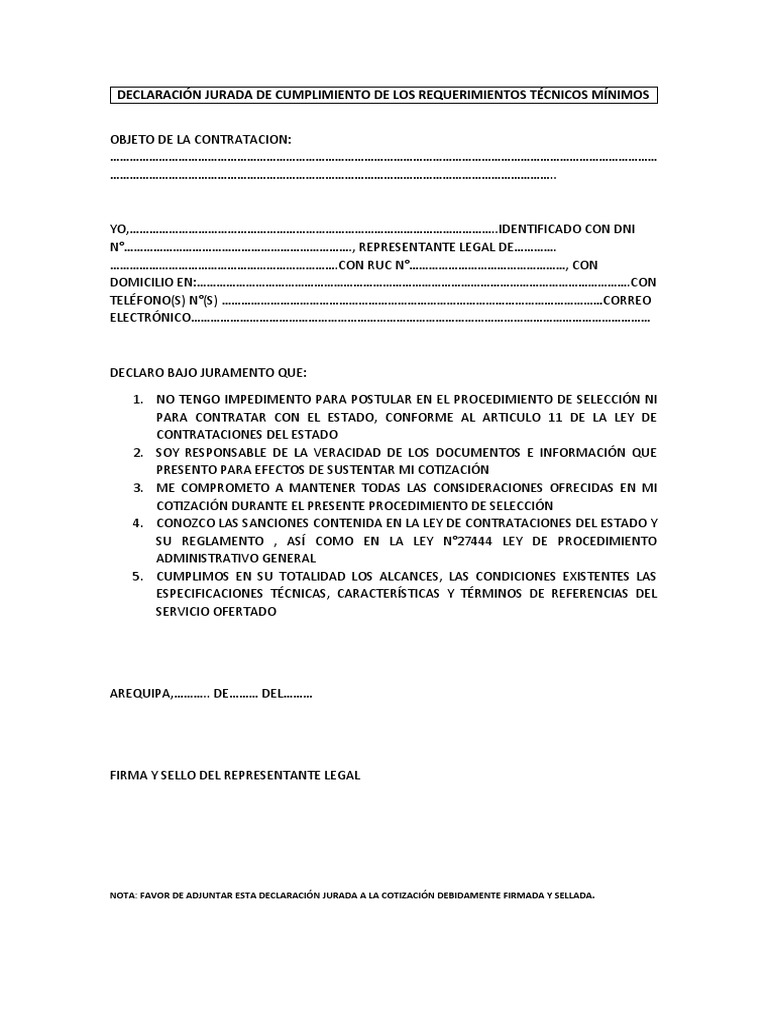 Declaración Jurada de Cumplimiento de Los Requerimientos Técnicos Mínimos2020 | PDF