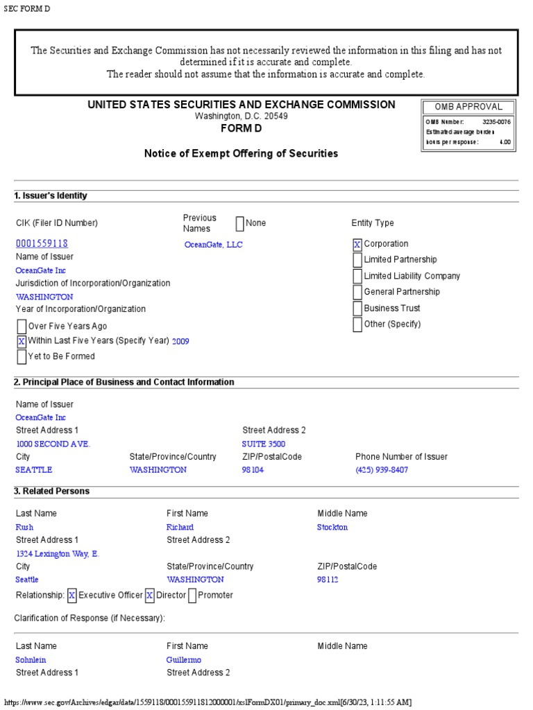 SEC Form D: OceanGate Inc Offering | PDF | Securities (Finance ...