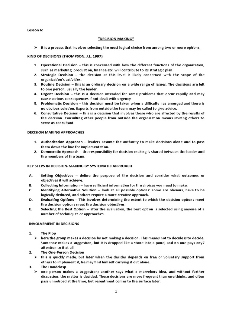 Lesson 6 Decision Making | PDF | Decision Making | Consensus Decision Making