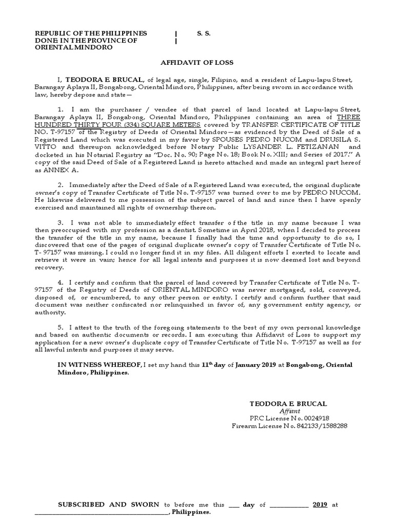 Affidavit Of Lost Title Teodora Brucal Pdf Affidavit Justice