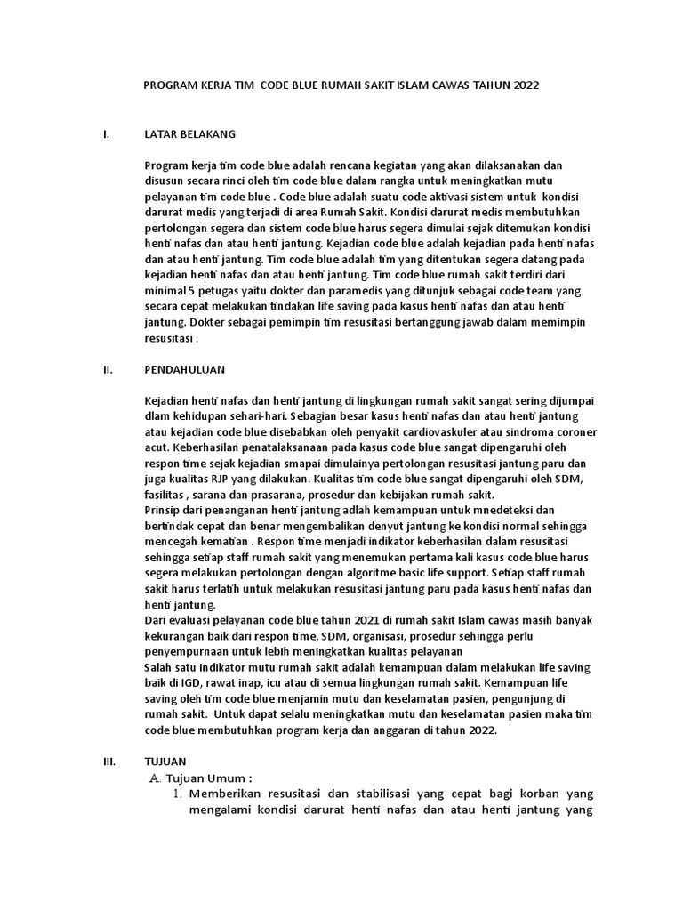 Program Kerja Tim Code Blue Rumah Sakit Islam Cawas Tahun 2022 | PDF