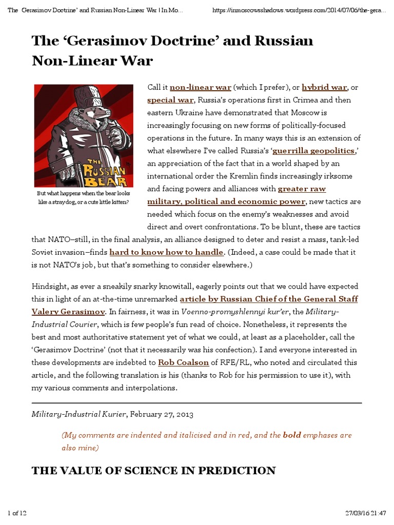 Gerasimov Doctrine and Russian Non Linear War in Moscow S Shadows | PDF ...