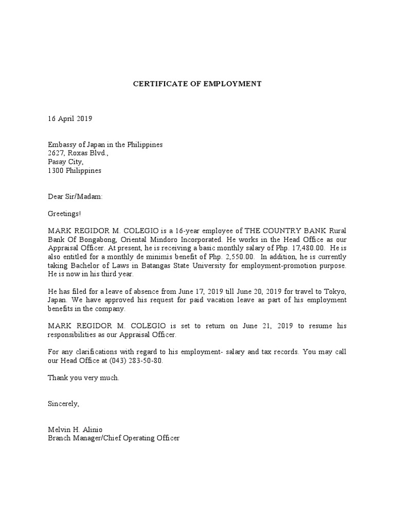 Certificate of Employment - Japan Visa | PDF