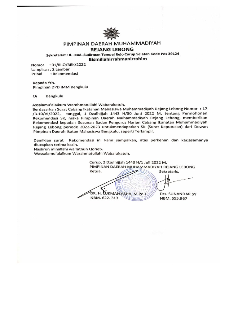 Surat SK IMM Rejang Lebong-1 | PDF