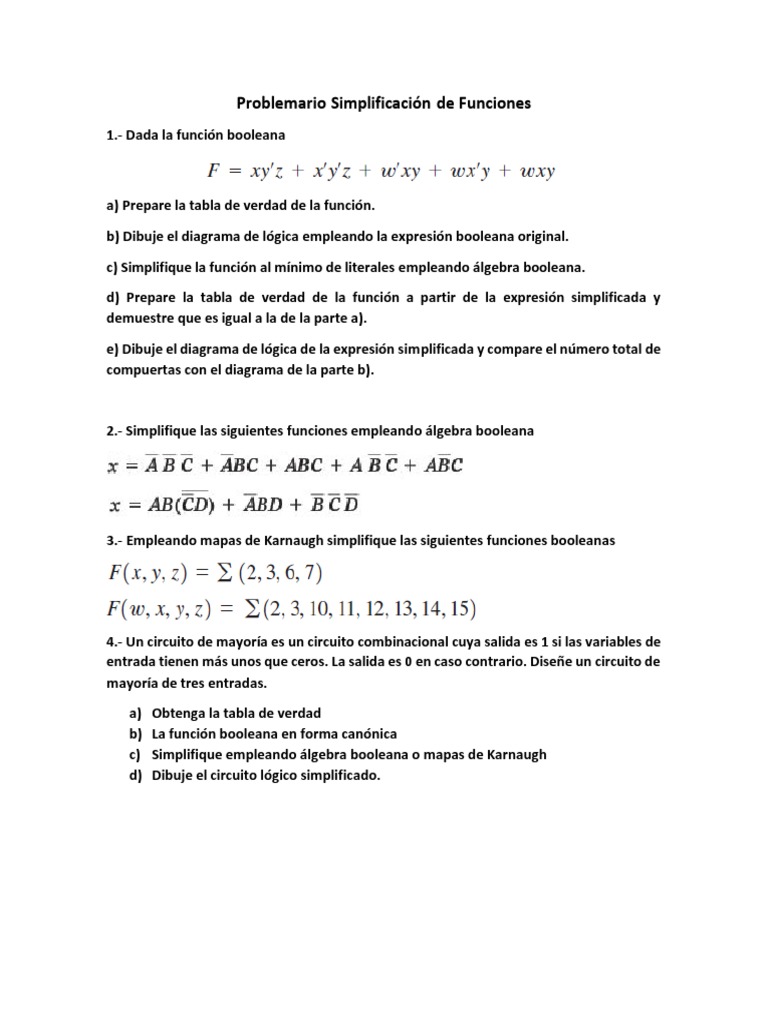 Problemario Simplificación de Funciones | PDF