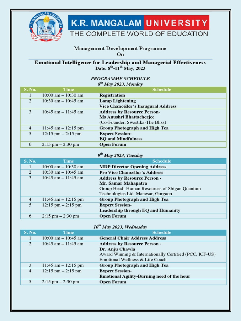 Mdp Programme Schedule Pdf Psychology Leadership