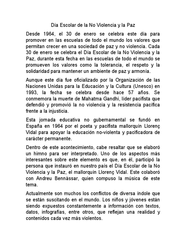 Día Escolar de La No Violencia y La Paz | PDF | Paz | Violencia