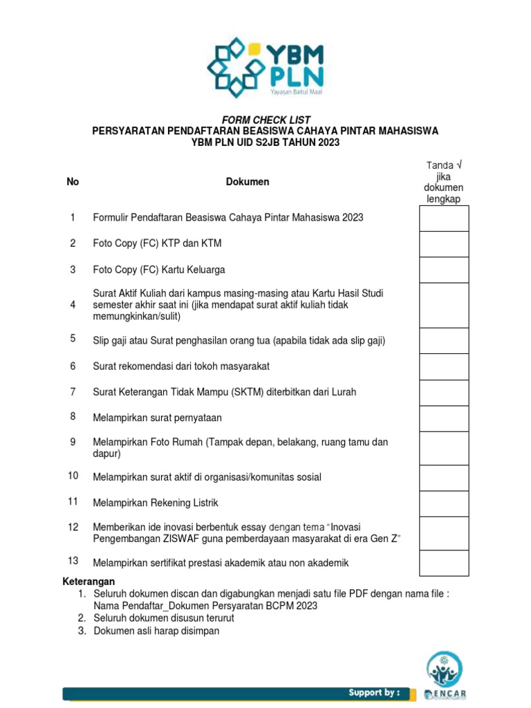 FORMULIR PENDAFTARAN BCPM YBM PLN UID S2JB 2023 | PDF