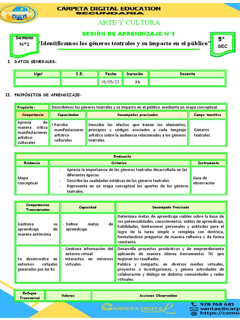 5° SESIÓN DE APRENDIZAJE SESIÓN 1-SEM.1-EXP.3-ARTE Y CULTURA | PDF | Aprendizaje | Evaluación