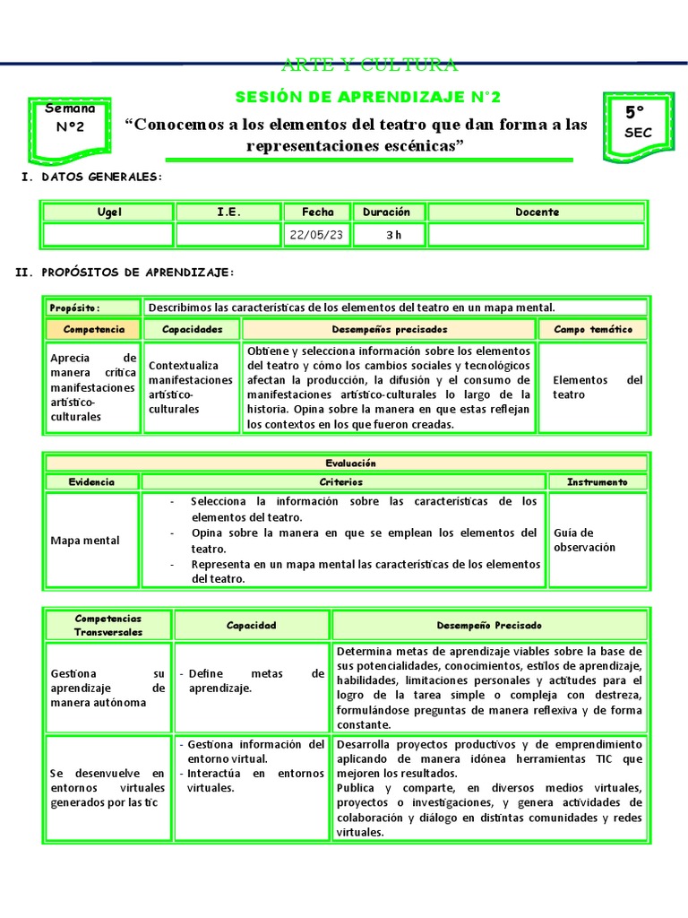 5° Sesión de Aprendizaje Sesión 2-Sem.2-Exp.3-Arte y Cultura | PDF | Aprendizaje | Evaluación