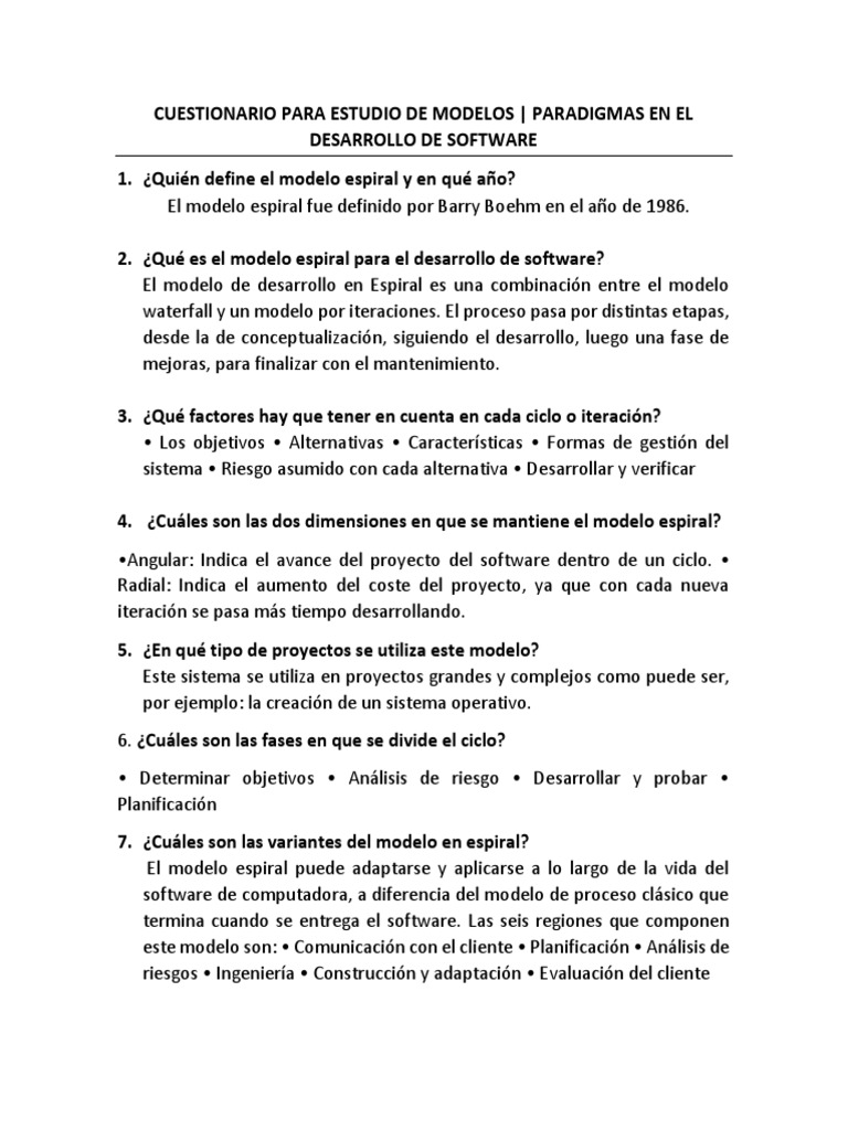 Cuestionario para Estudio de Modelos | PDF | Software | Ingeniería de ...