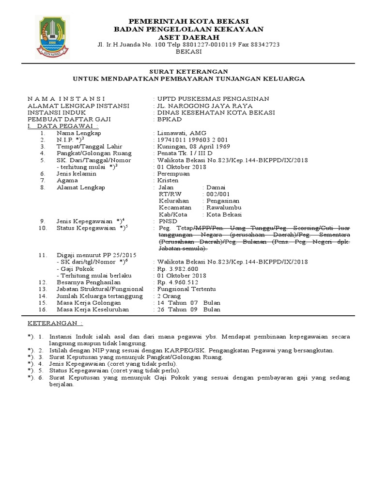 Surat Tunjangan Keluarga PNS Kota Bekasi | PDF